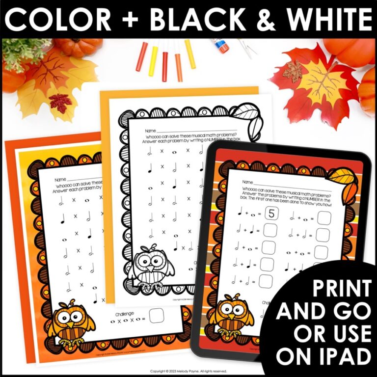 Fall Music Math Rhythm Worksheets for Piano & Music Class - Music Math ...