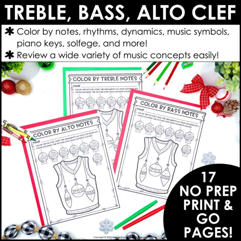 Camping Color by Note Music Coloring Pages - Treble & Bass Summer Note ...