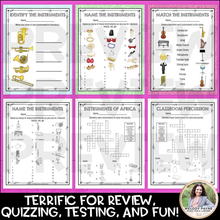 Musical Instrument Worksheets and Crossword Puzzles for Elementary ...