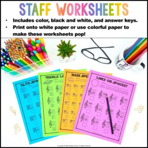 Staff Wars Music Notes Worksheets - Treble, Bass, Alto Clef Note Naming ...