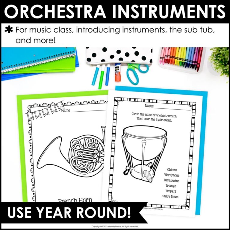 Instruments of the Orchestra Coloring Pages & Worksheets - Elementary ...