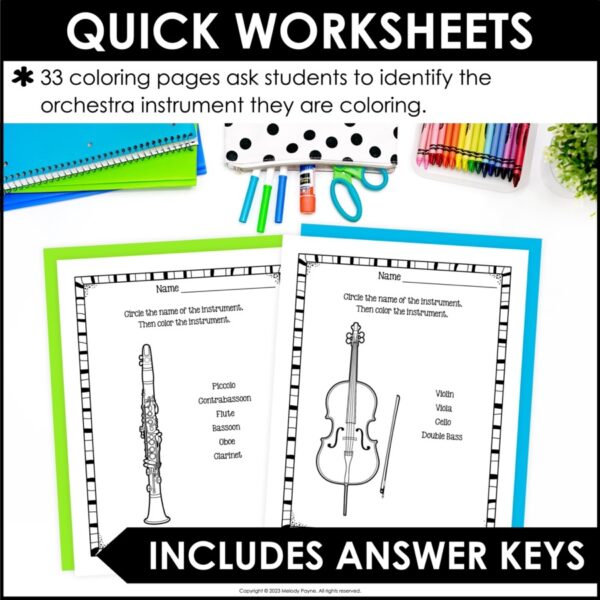 Instruments of the Orchestra Coloring Pages & Worksheets - Elementary ...