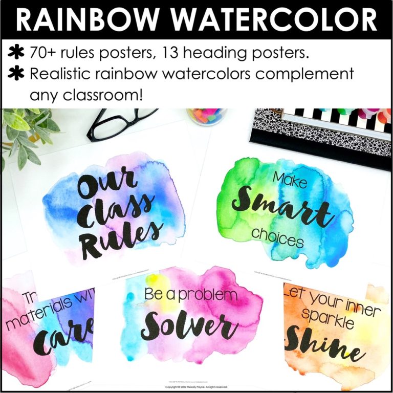 Rainbow Watercolor Classroom Rules Posters - Script & Print Fonts Class ...