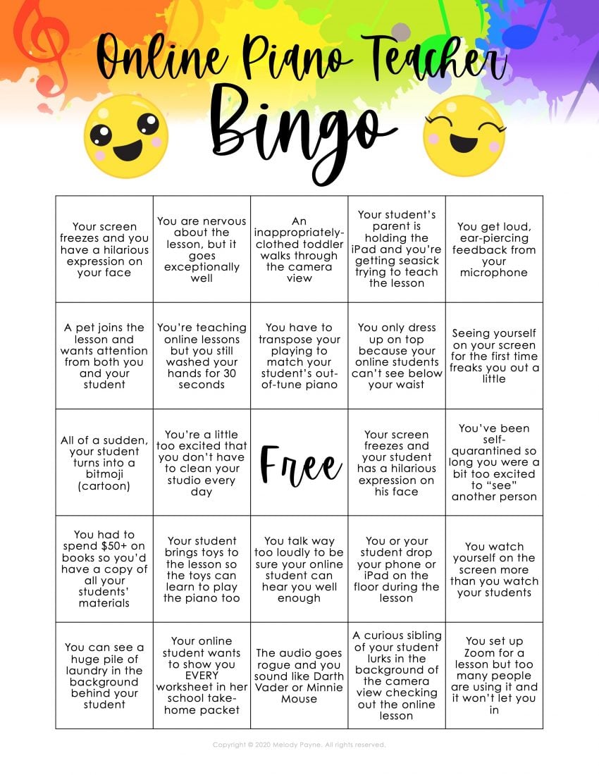 FREE Online Piano Teacher BINGO - Melody Payne - Music for a Lifetime