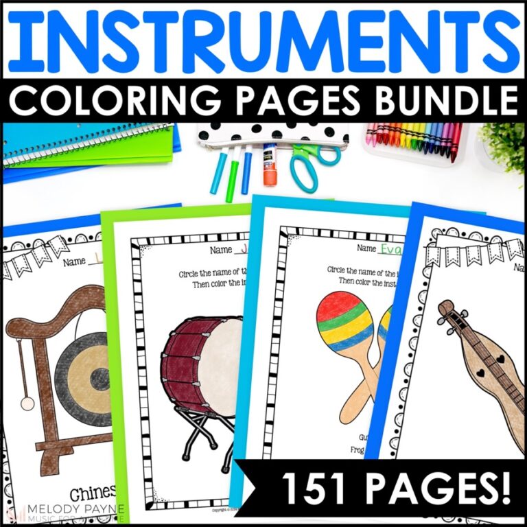 151 Musical Instruments Coloring Pages and Worksheets BUNDLE for Music ...
