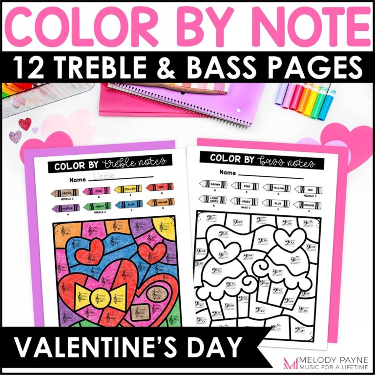 Valentine's Day Color by Note Music Coloring Pages - Treble & Bass Clef ...