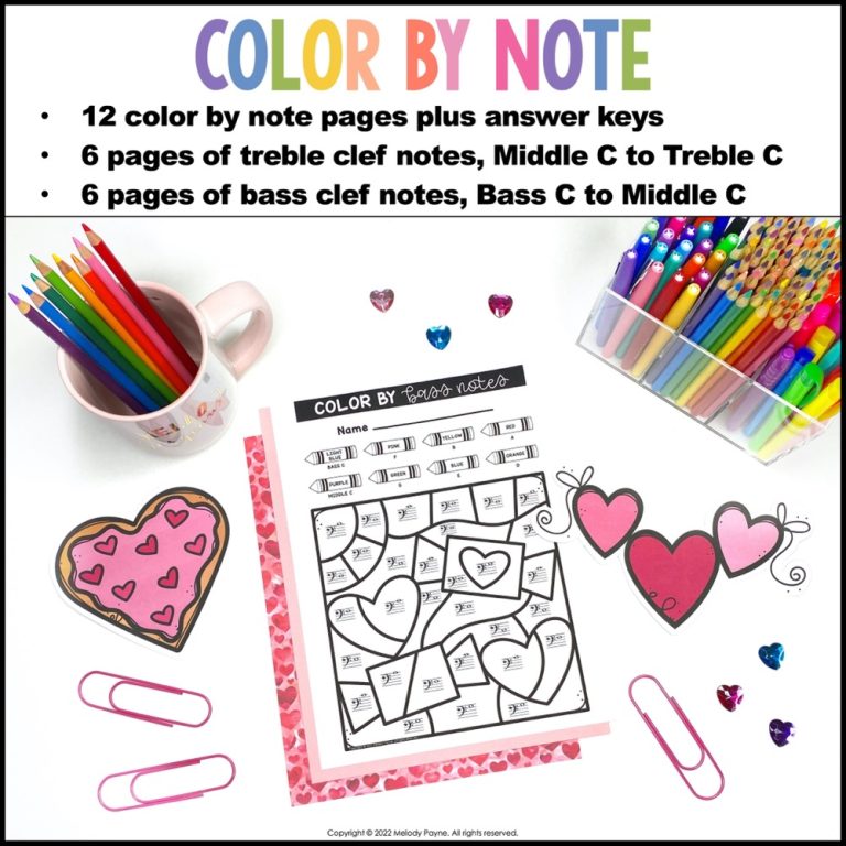 Valentine's Day Color by Note Music Coloring Pages - Treble & Bass Clef ...