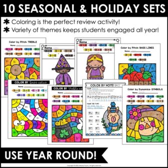 Camping Color by Note Music Coloring Pages - Treble & Bass Summer Note ...