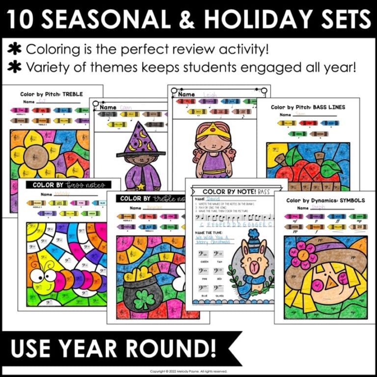 Music Coloring Pages for Beginning Piano Keys, Fingers, Notes, Symbols ...