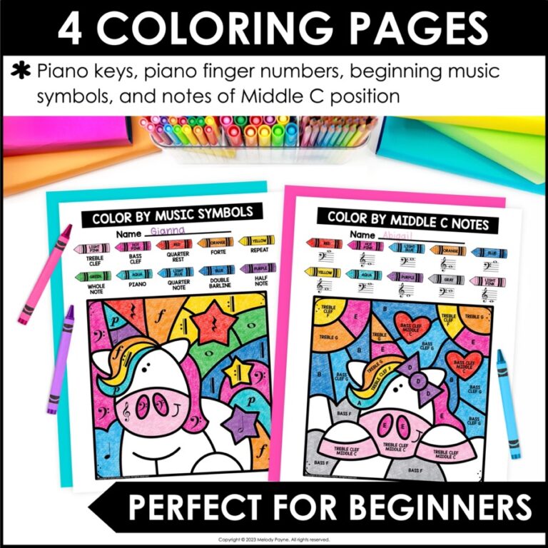 Music Coloring Pages for Beginning Piano Keys, Fingers, Notes, Symbols ...
