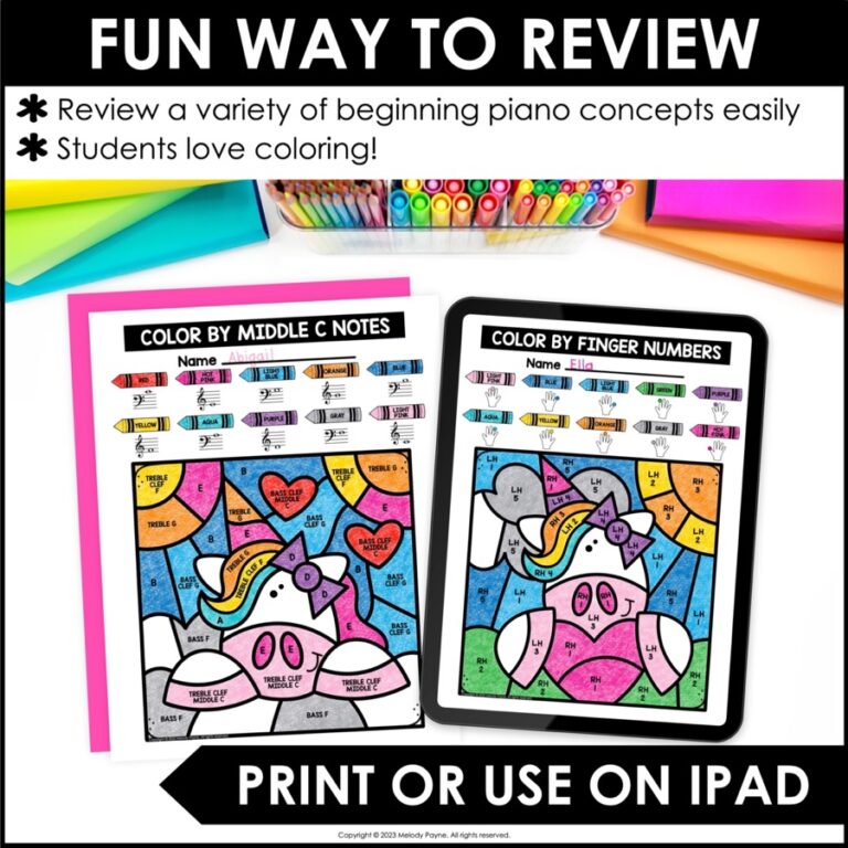 Music Coloring Pages for Beginning Piano Keys, Fingers, Notes, Symbols ...