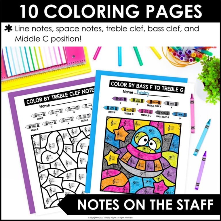 Outer Space Color by Note Music Coloring Pages - Treble & Bass Clef ...