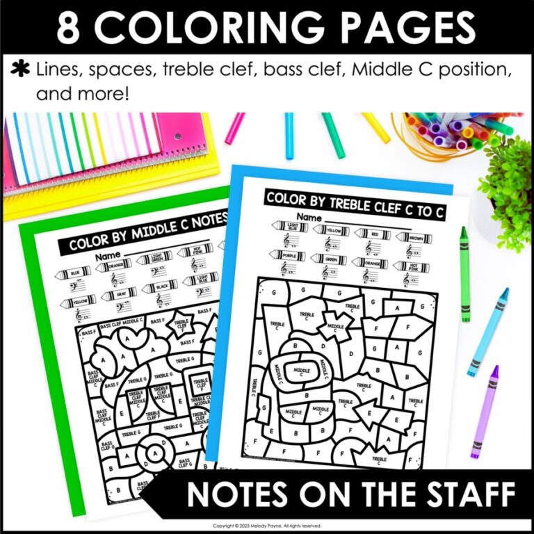 Camping Color by Note Music Coloring Pages - Treble & Bass Summer Note ...