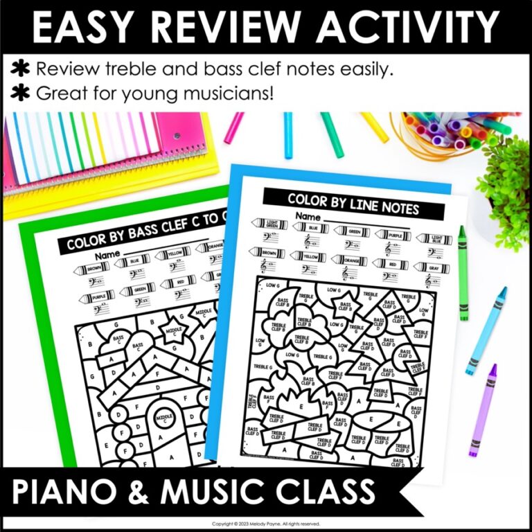 Camping Color by Note Music Coloring Pages - Treble & Bass Summer Note ...