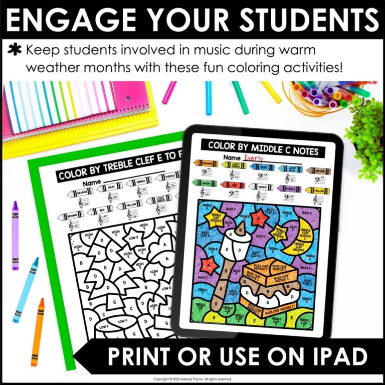 Camping Color by Note Music Coloring Pages - Treble & Bass Summer Note ...