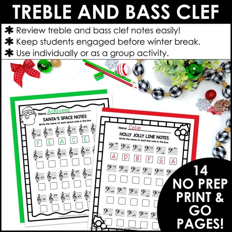 Treble & Bass Clef Note Naming Christmas Music Worksheets - Note ...