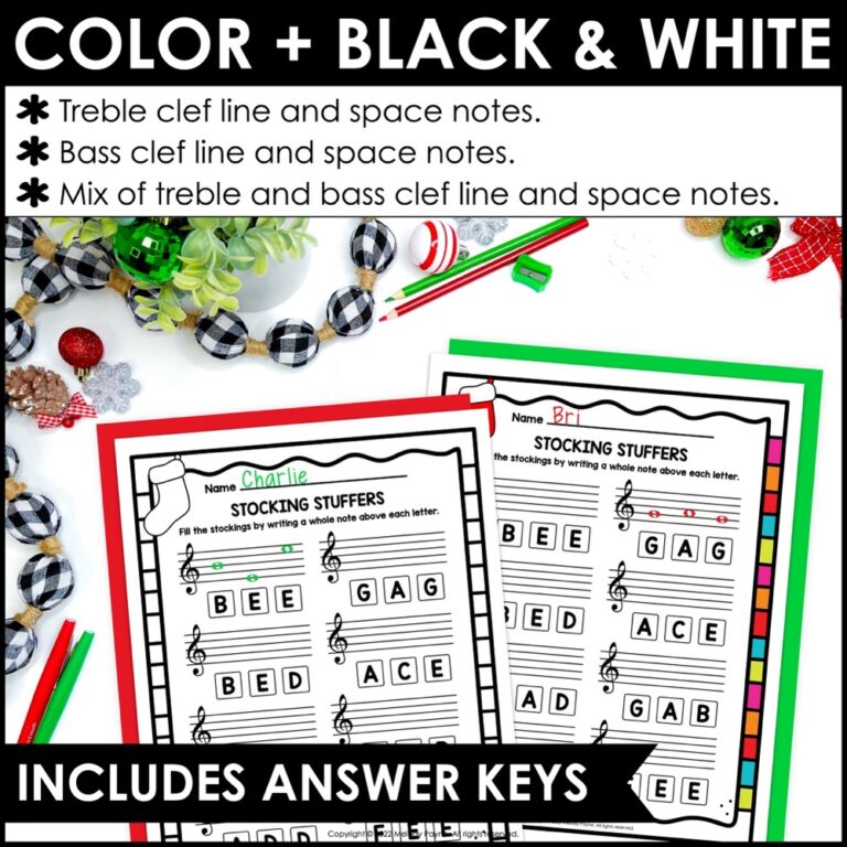 Treble & Bass Clef Note Naming Christmas Music Worksheets - Note ...