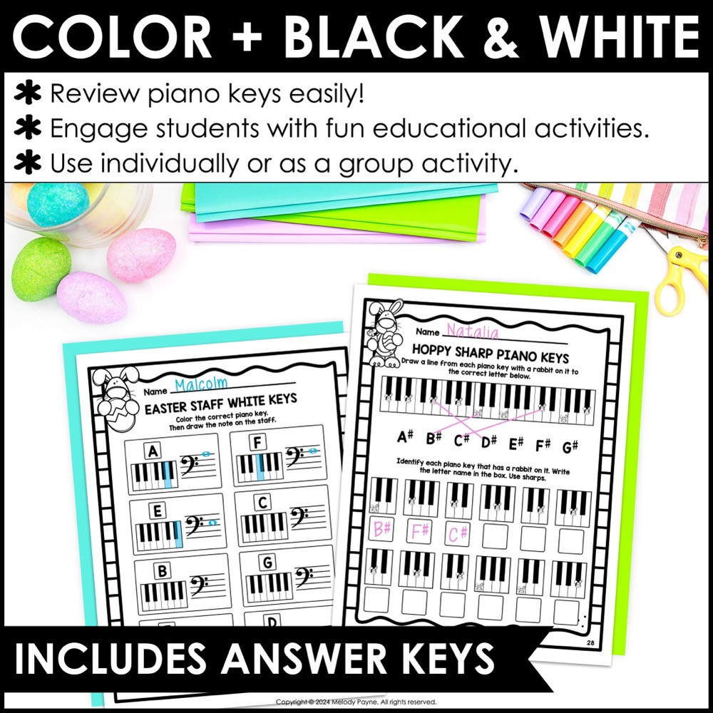 Easter Piano Keys Worksheets - White & Black Keys, Sharps & Flats ...