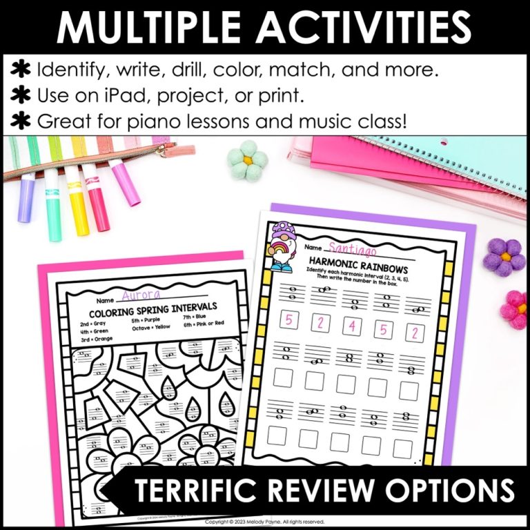 Spring Intervals Music Worksheets - Melodic & Harmonic 2nds - Octaves ...