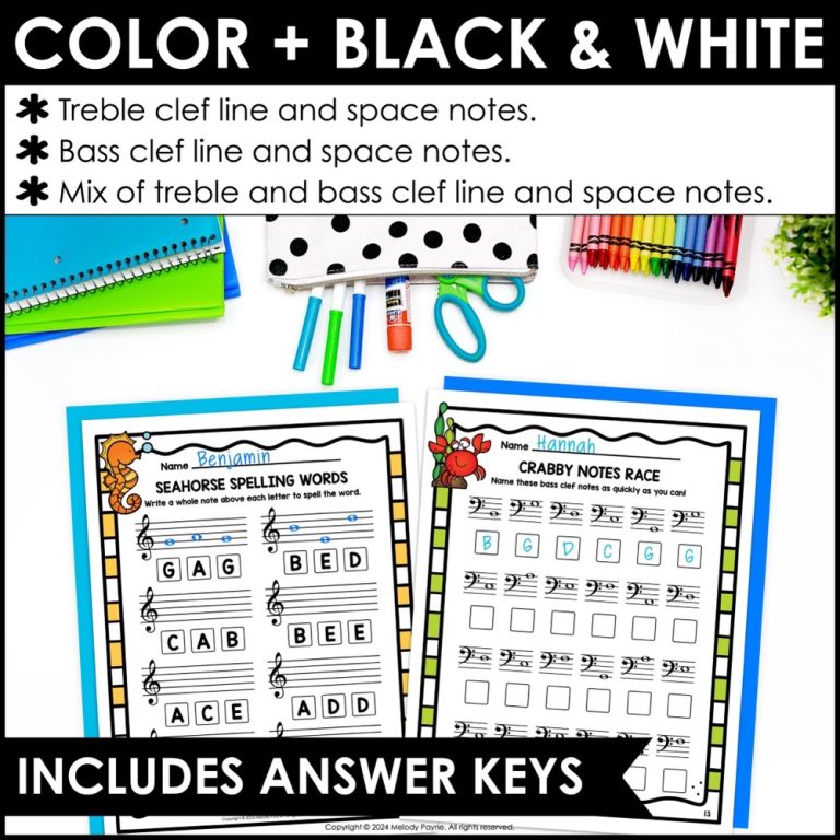 Treble Clef and Bass Clef Note Reading Music Worksheets & Activities ...