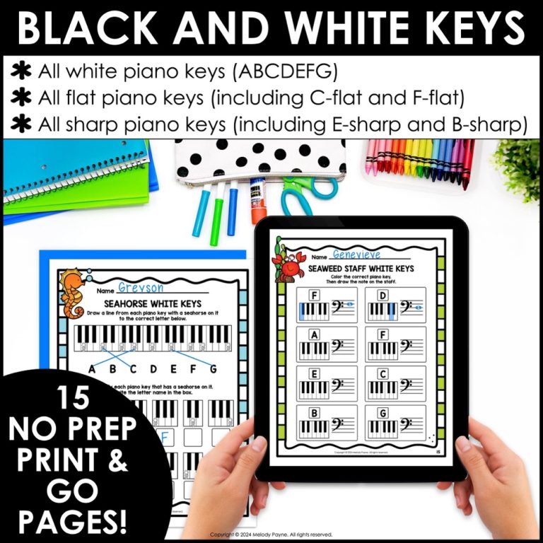 Ocean Piano Keys Worksheets - White & Black Keys, Sharps & Flats ...
