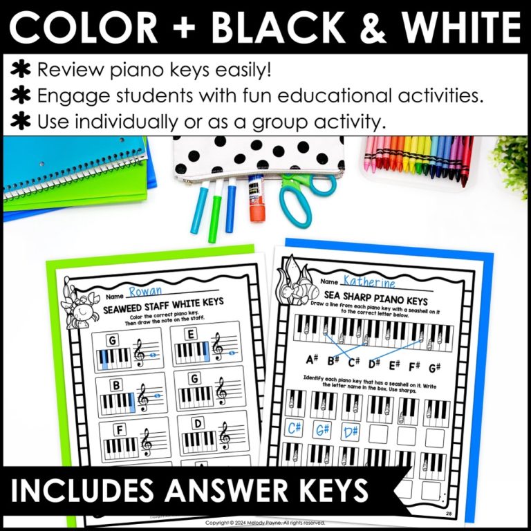 Ocean Piano Keys Worksheets - White & Black Keys, Sharps & Flats ...