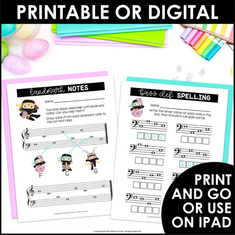 Easter Note Reading Worksheets - Note Ninjas Treble Clef, Bass Clef ...