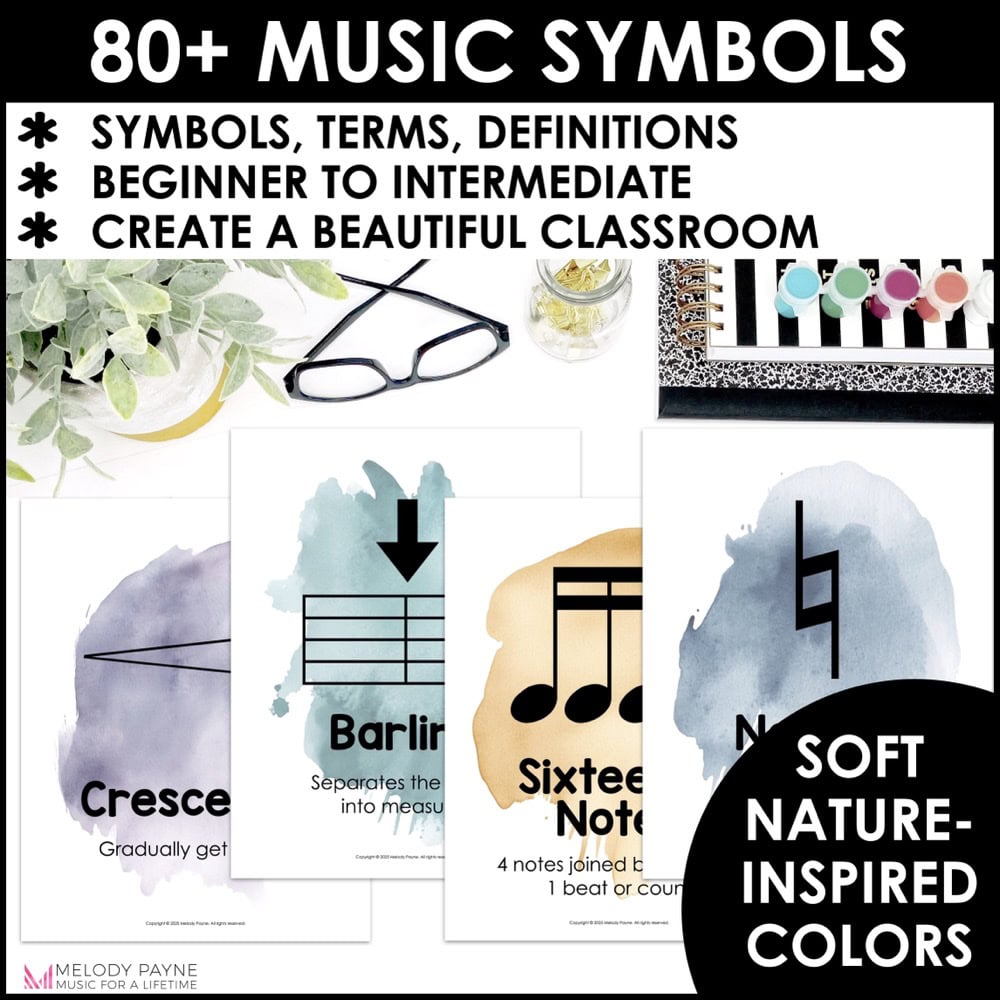 Music Symbols, Terms, Definitions Posters - Boho Watercolor Rainbow ...