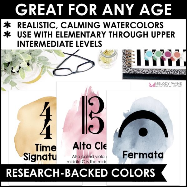 Music Symbols, Terms, Definitions Posters - Boho Watercolor Rainbow ...