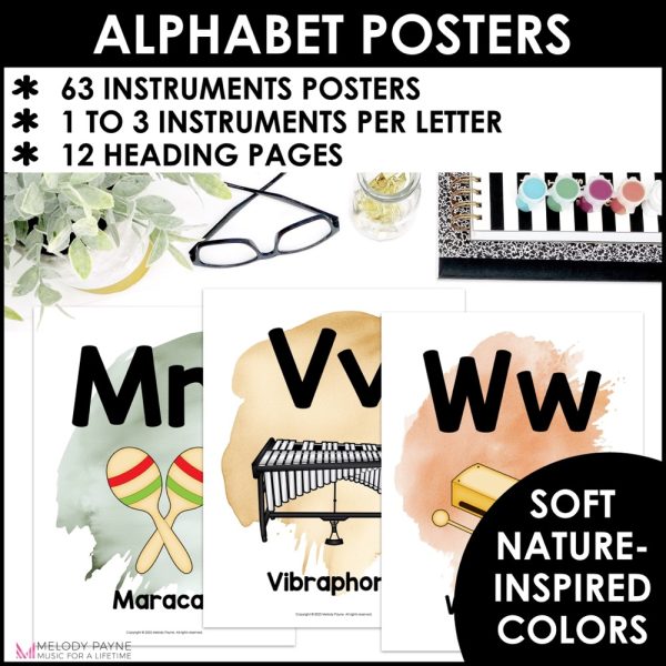 Musical Instruments A to Z Alphabet Posters - Boho Watercolor Music ...